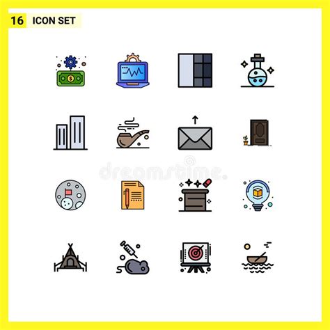 Group Of 16 Flat Color Filled Lines Signs And Symbols For District Buildings Grid