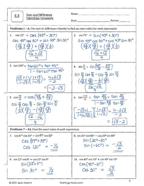 Sum And Difference Identities Homework Sum And Difference Name Identities Homework Date