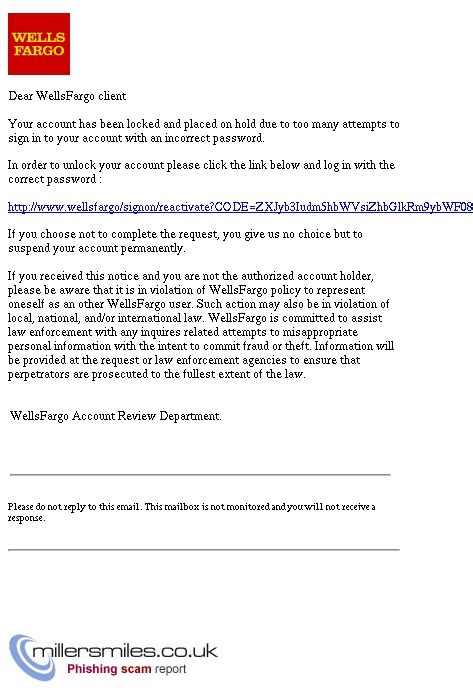 Your Wells Fargo Account Has Been Locked Wells Fargo Phishing Scams