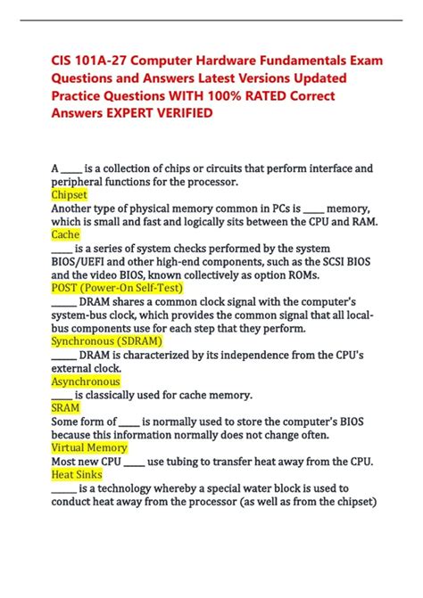 Cis 101a 27 Computer Hardware Fundamentals Exam Questions And Answers