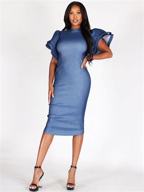Womens Short Ruffle Sleeve Bodycon Denim Midi Dress