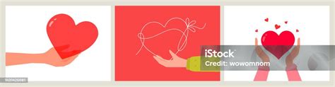사랑을 나누는 평면 스타일의 낭만적 인 디자인 사랑의 손길이 마음을 줍니다 사람들의 손과 붉은 모양 심장을 가진 친절 기부 일러스트레이션의 벡터 세트 2월에 대한 스톡 벡터