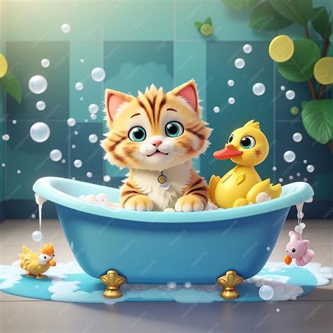 Cute Cat Bath In The Bath Tub With Duck Toys Cartoon Vector Icon
