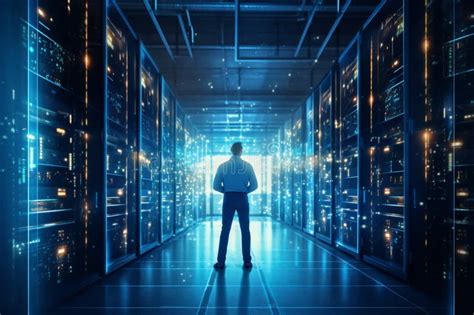 Rear View Of Businessman Standing In Server Room And Looking At Data Center Stock Illustration