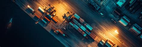 Aerial View Of A Busy Shipping Container Terminal At Night Night Aerial View Of A Bustling