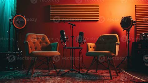 AI Generated Podcast Studio With Two Chairs And Lamps Minimalist