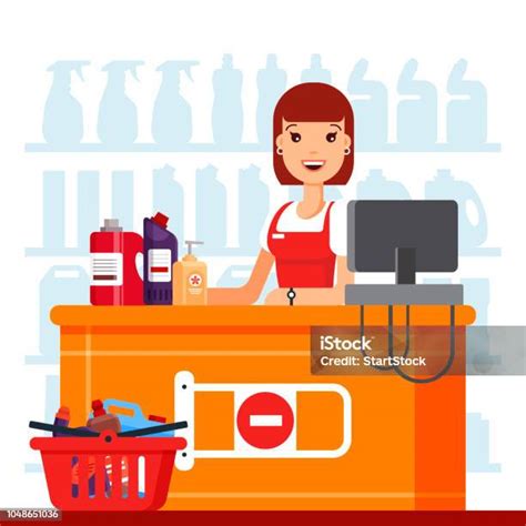 가정용 화학 물질과 슈퍼마켓에서 여자 직원입니다 카운터에서 판매자 가구 공급 통로 청소 세탁평면 벡터 일러스트 레이 션에 사용 하는 저장소에 에이전트 청소 계산대에 대한