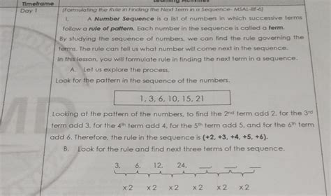 Solved Timelrame Day 1 Formulating The Rule In Finding The Next Term