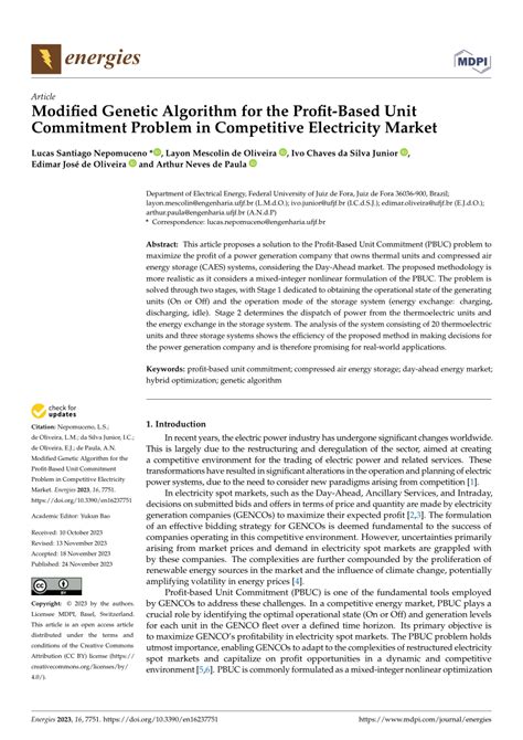 Pdf Modified Genetic Algorithm For The Profit Based Unit Commitment