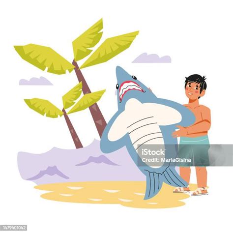 바다에서 수영하러 가는 아이 해변 벡터에 있는 어린이 소년 풍선 고무 장난감 고무에 대한 스톡 벡터 아트 및 기타 이미지
