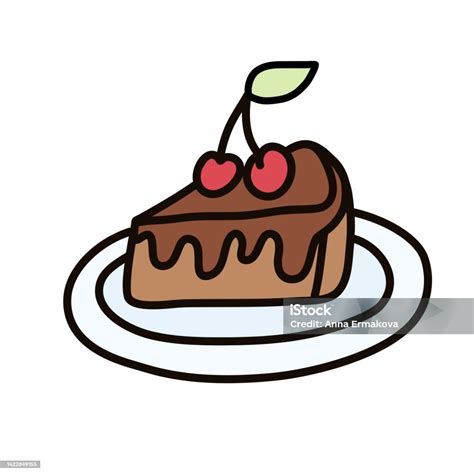 만화 낙서 스타일의 접시에 체리가있는 초콜릿 케이크 음식 디저트 달콤한 패스트리의 그래픽 스케치 벡터 아이콘 인쇄 흰색 배경에 고립 된 로고 갈색에 대한 스톡 벡터 아트 및
