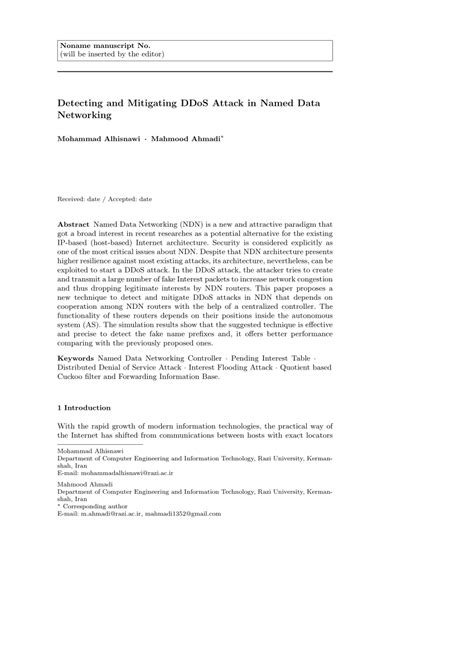 Pdf Detecting And Mitigating Ddos Attack In Named Data Networking