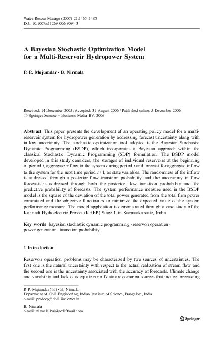 Pdf A Bayesian Stochastic Optimization Model For A Multi Reservoir