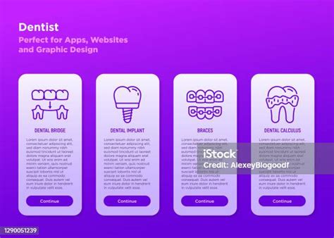 치아 다리 임플란트 중괄호 미적분 얇은 라인 아이콘치과 의사 모바일 사용자 인터페이스 벡터 그림 복사 공간이있는 템플릿 치아 건강에 대한 스톡 벡터 아트 및 기타 이미지