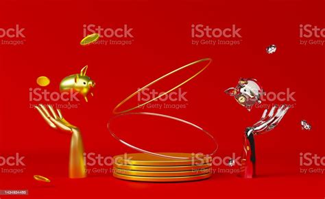 현대 무대 디스플레이 및 미니멀리스트 모형 추상 쇼케이스 배경 개념 3d 그림 또는 3d 렌더링을 위한 빨간색 구성의 손 돼지 저금통 동전 및 다이아몬드가 있는 연단 3차원