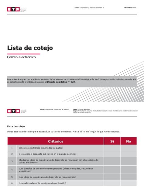 Semana 02 Lista De Cotejo Para El Correo Electrónico Pdf