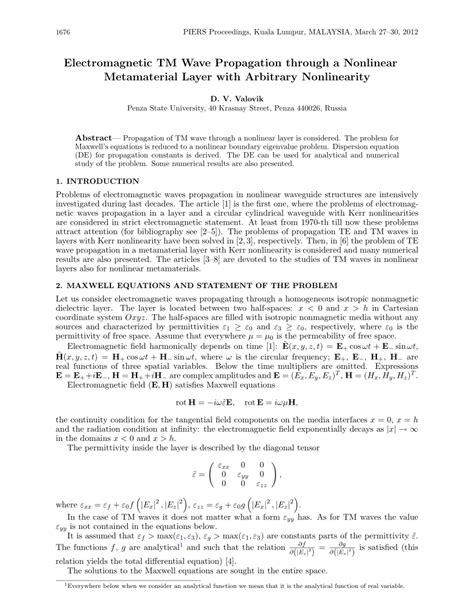 Pdf Electromagnetic Tm Wave Propagation Through A Nonlinear Metamaterial Layer With Arbitrary