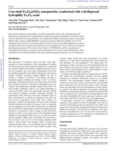 Core Shell Fe3o4 Sio2 Nanoparticles Synthesized With Well