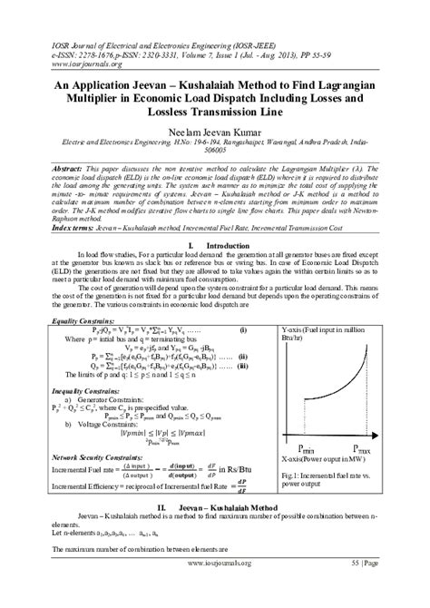 Pdf An Application Jeevan Kushalaiah Method To Find Lagrangian Multiplier In Economic Load