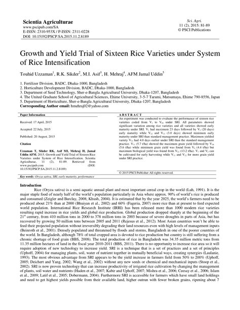 Pdf Growth And Yield Trial Of Sixteen Rice Varieties Under System Of Rice Intensification