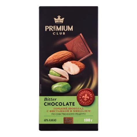 Шоколад Premium Club горький с фисташками и миндалем 100 г купить с доставкой по выгодным
