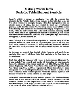 Periodic Table Of Elements Making Words From Element Symbols Interdisciplinary