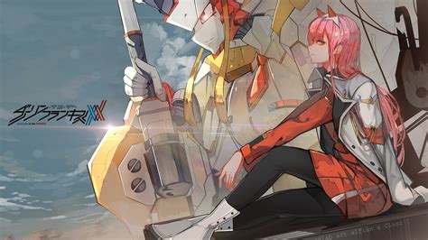 Darling In The Franxx Zero Two Hiro Zero Sitting On Side With Leg