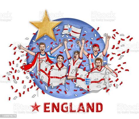 잉글랜드의 국기와 황금 별 1개로 축하하는 5명의 영국 축구 팬 그룹 잉글랜드에 대한 스톡 벡터 아트 및 기타 이미지 잉글랜드 축구 팬 사람의 역할 Istock