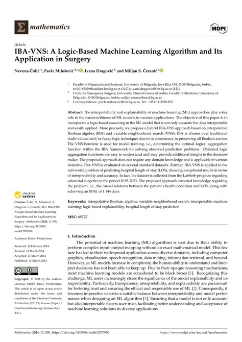 Pdf Iba Vns A Logic Based Machine Learning Algorithm And Its
