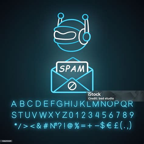 스팸 봇 네온 표시등 아이콘입니다 바이러스 광고 스팸 봇 악성 피싱 사이트 스팸 광고 소프트웨어 전송 알파벳 숫자 및 기호와 빛나는 기호 벡터 절연 그림 피싱에 대한 스톡