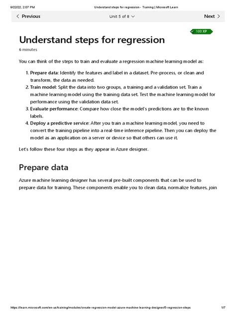 understand steps for regression training microsoft learn pdf