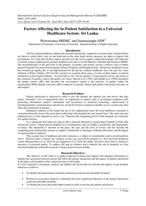 Pdf Factors Affecting The Inpatient Satisfaction In A Universal Healthcare System Sri Lanka