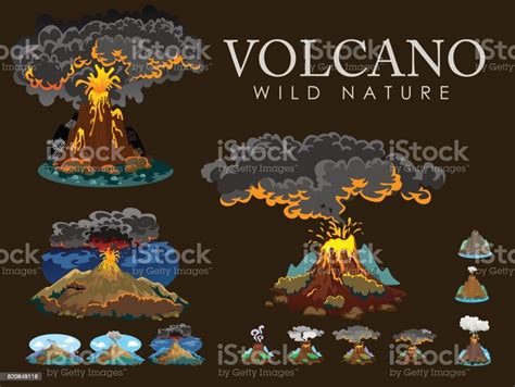 화산 분화 한 자 정도의 변화 또는 위험한 벌 컨 마그마 화산재와 화산 용암 산 벡터 일러스트 레이 션 아래로 흐르는 연기 비행기에서 인사를 깨우기의 집합 Active
