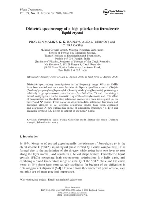 Pdf Dielectric Spectroscopy Of A High Polarization Ferroelectric Liquid Crystal