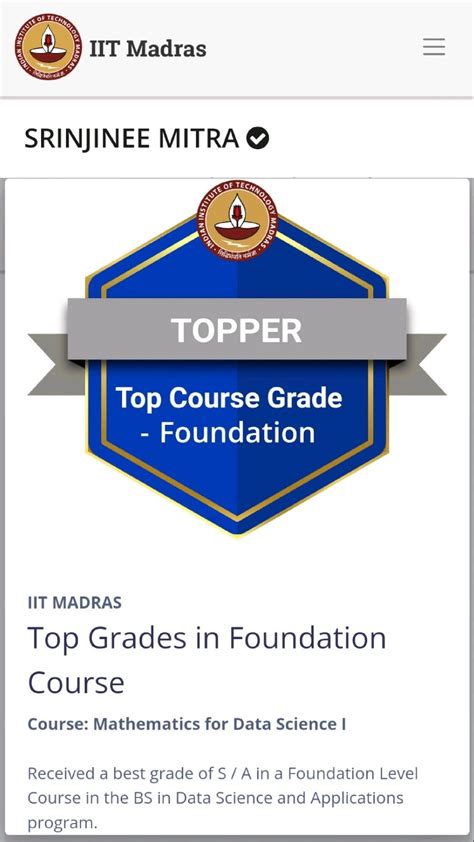 Feeling Blessed And Honoured To Receive The Topper Badge From Iit Madras Bs Degree Team For