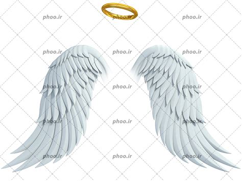 عکس با کیفیت حلقه طلایی بالای دو بال در پس زمینه سفید عکس با کیفیت و تصاویر استوک حرفه ای
