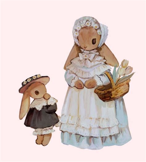 Artist Rt0no Vintage Bunny With Dress And Bonnet Rabbit Wearing