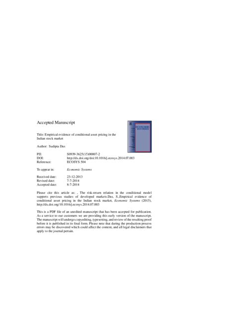 Pdf Empirical Evidence Of Conditional Asset Pricing In The Indian Stock Market