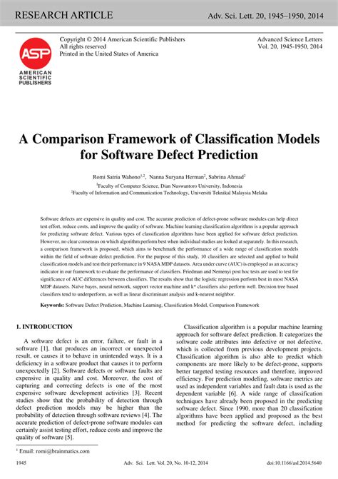 Pdf A Comparison Framework Of Classification Models For Software Defect Prediction