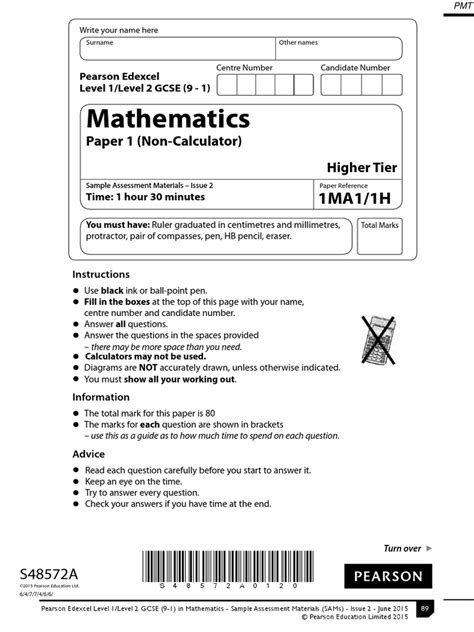 Specimen Qp Paper 1 H Edexcel Maths Gcse Pdf