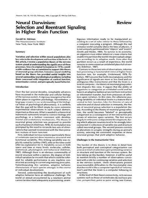 Neural Darwinism Pdf Neural Oscillation Nervous System