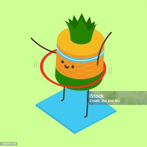 흰색 배경에 고립 훌라 후프 벡터 아이소메트릭 만화 캐릭터와 운동을하고 재미 파인애플 등측투영법에 대한 스톡 벡터 아트 및 기타