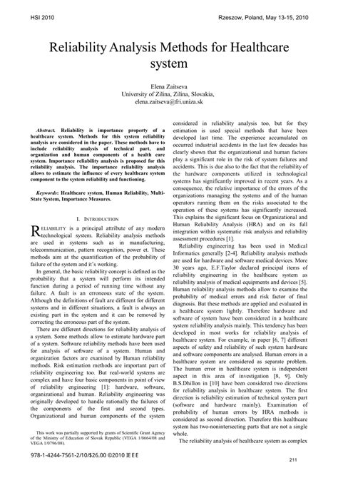 PDF Reliability Analysis Methods For Healthcare System