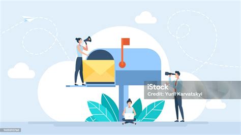 비즈니스 서신 구독 봉투에 편지가 있는 사서함입니다 레터박스 받은 편지함 메일 및 사서함 작은 사람들은 편지를 기꺼이 받아들입니다 포스트 박스를 엽니다 평면 디자인 벡터