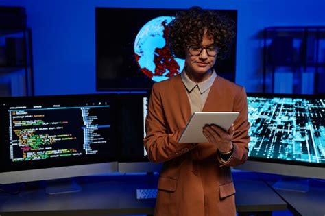 Premium Photo Young Serious Female Programmer Using Tablet Against