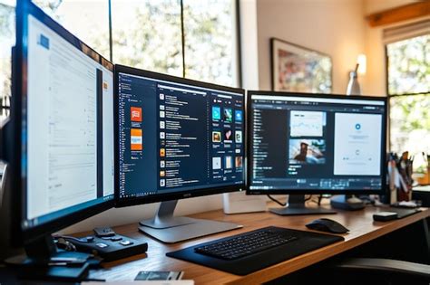 Modern Workspace With Multiple Screens Displaying Premium Ai