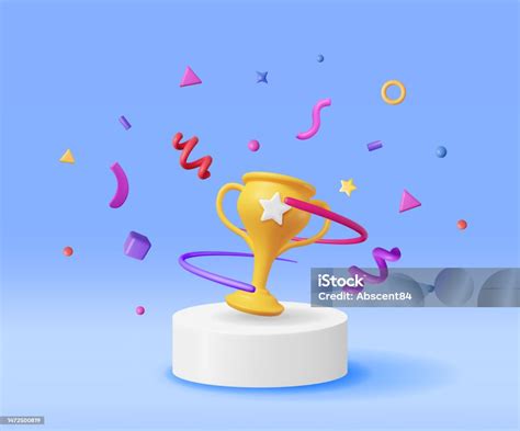 연단에 색종이 조각이 있는 3d 골든 챔피언 트로피 3차원 형태에 대한 스톡 벡터 아트 및 기타 이미지 3차원 형태 1위 Championship Istock