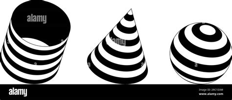 Set Of 3d Shapes With Striped Black And White Cone Cylinder And Sphere Design Elements For