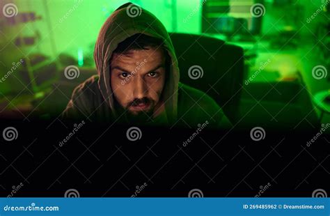Computer Hacker Night And Neon Man Hacking Online Database Software Website Server Or Password