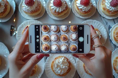 A Girl At A Restaurant Takes A Picture Of Her Food With Her Phone Stock